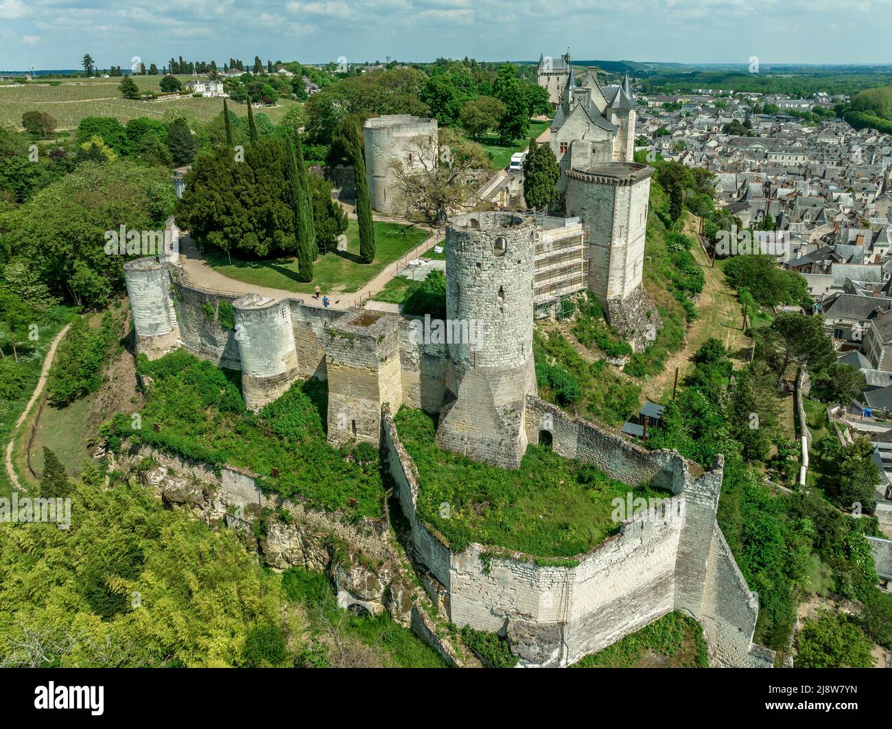 Aerial view of the royal lodgings in the middle castle of Chinon with ...