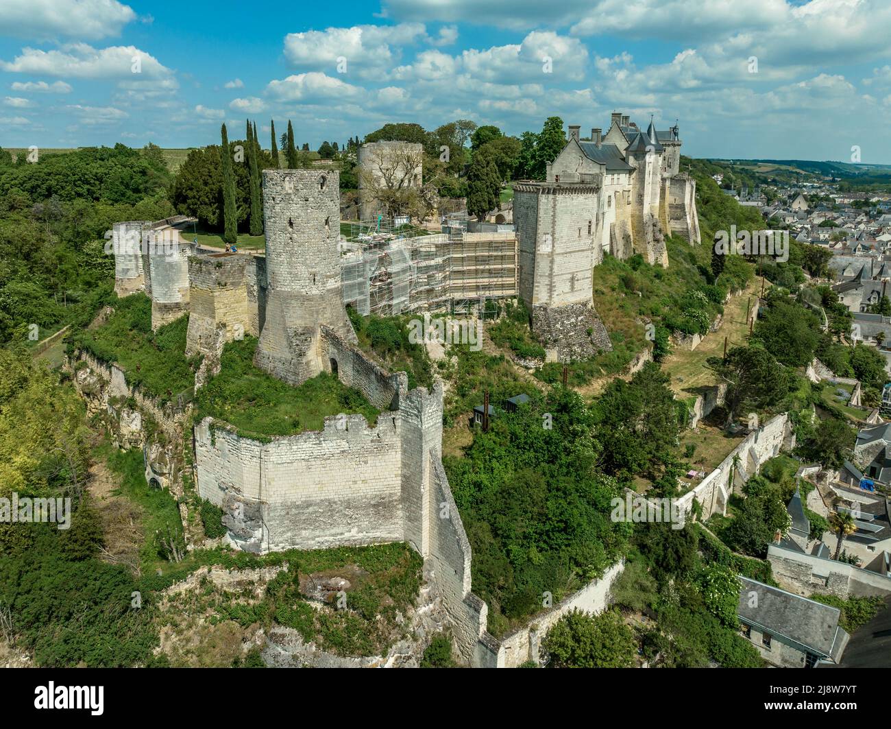 Aerial view of the royal lodgings in the middle castle of Chinon with ...