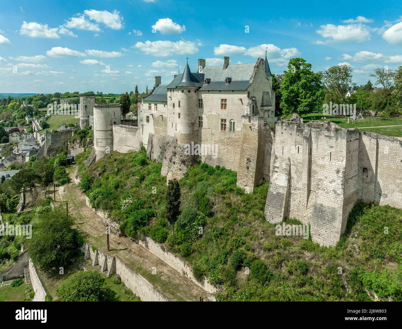 Aerial view of the royal lodgings in the middle castle of Chinon with ...