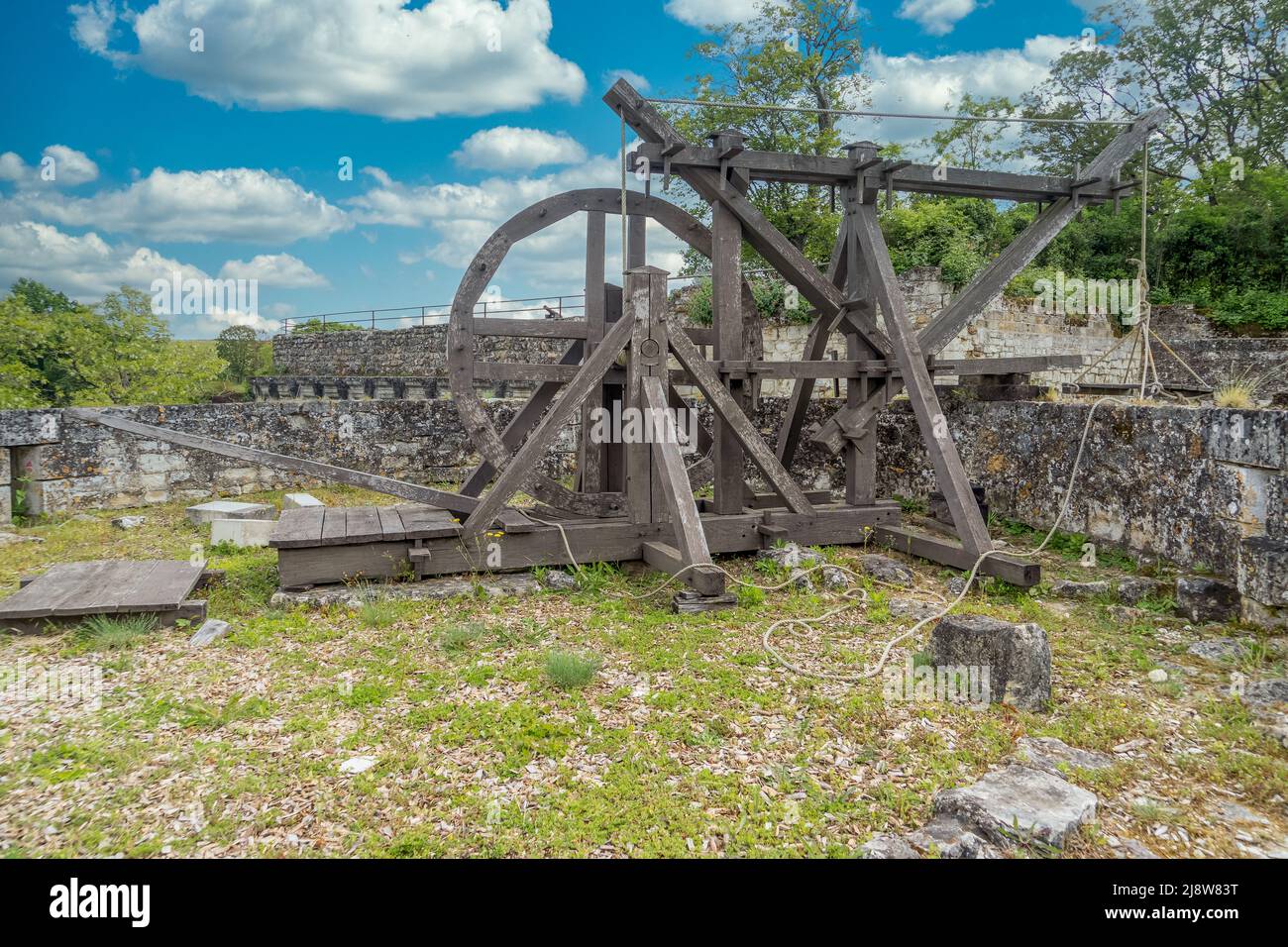 A medieval treadwheel crane magna rota wooden, human powered hoisting ...