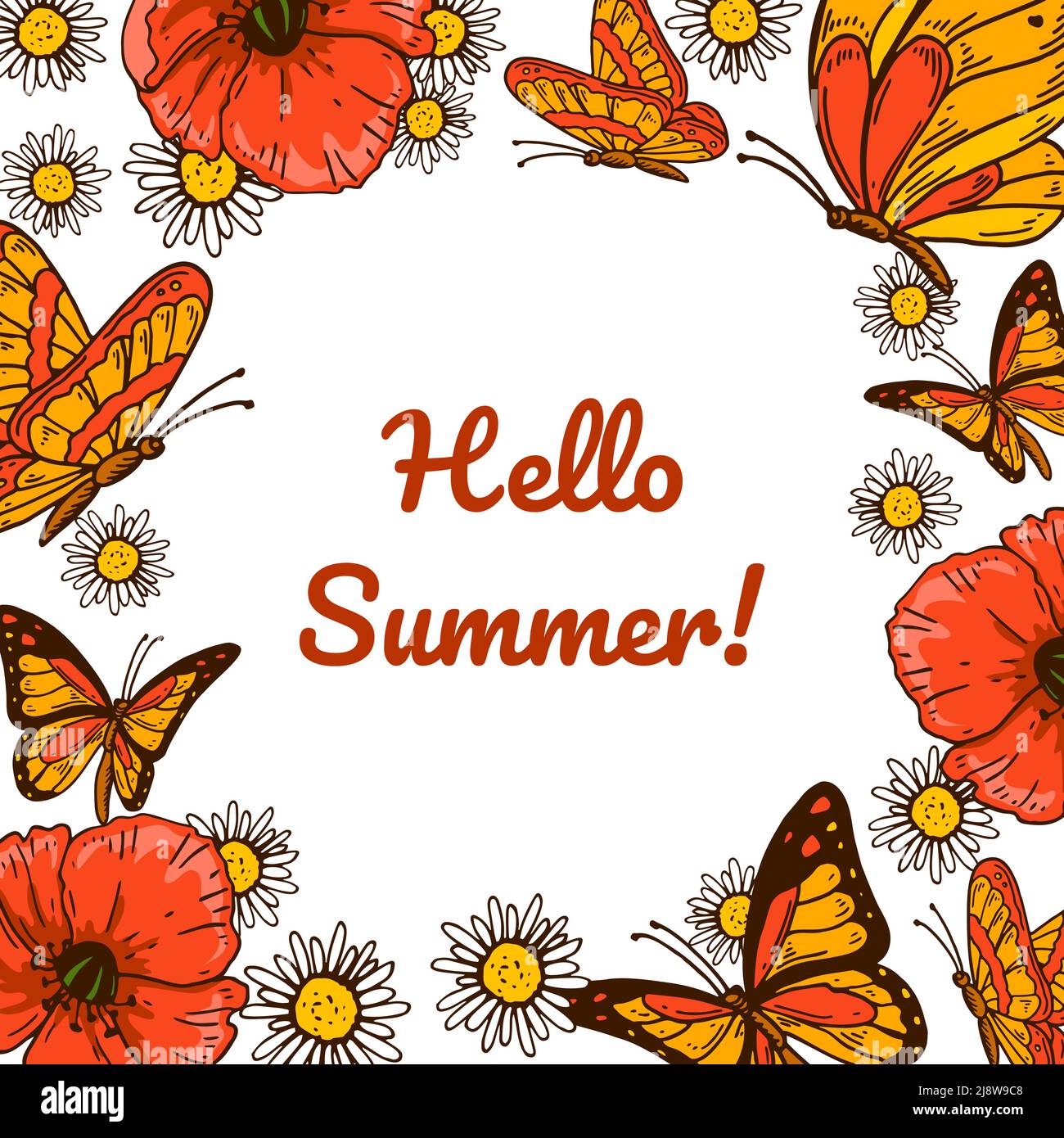 Cute botany designs with poppies and butterflies. Colorful hand drawn ...