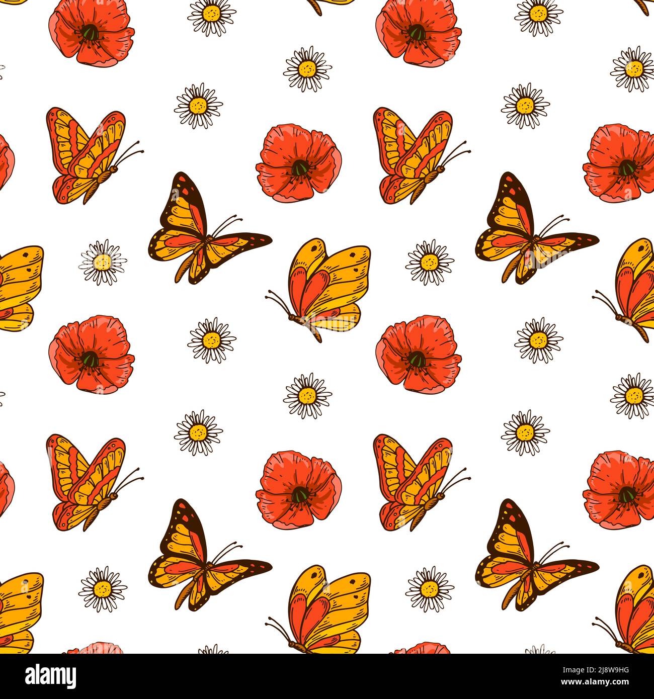 Colorful butterfly seamless pattern with poppies and chamomiles. Summer ...