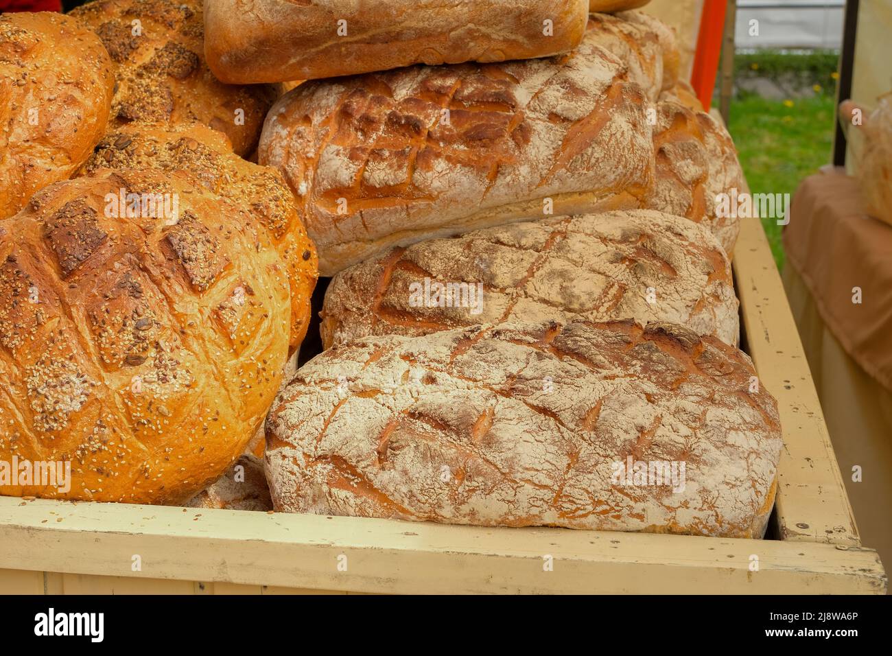 Loaves of a fresh artisan bread. home baking bread. big loaves of bread ...