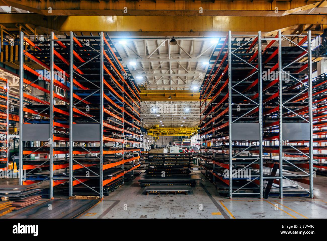 Modern warehouse interior with shelves and boxes Stock Photo - Alamy