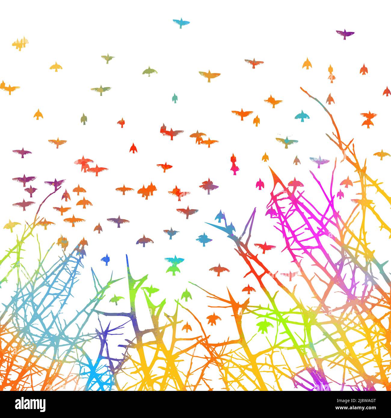 Tree branches and a colorful flock of flying birds. Vector illustration ...