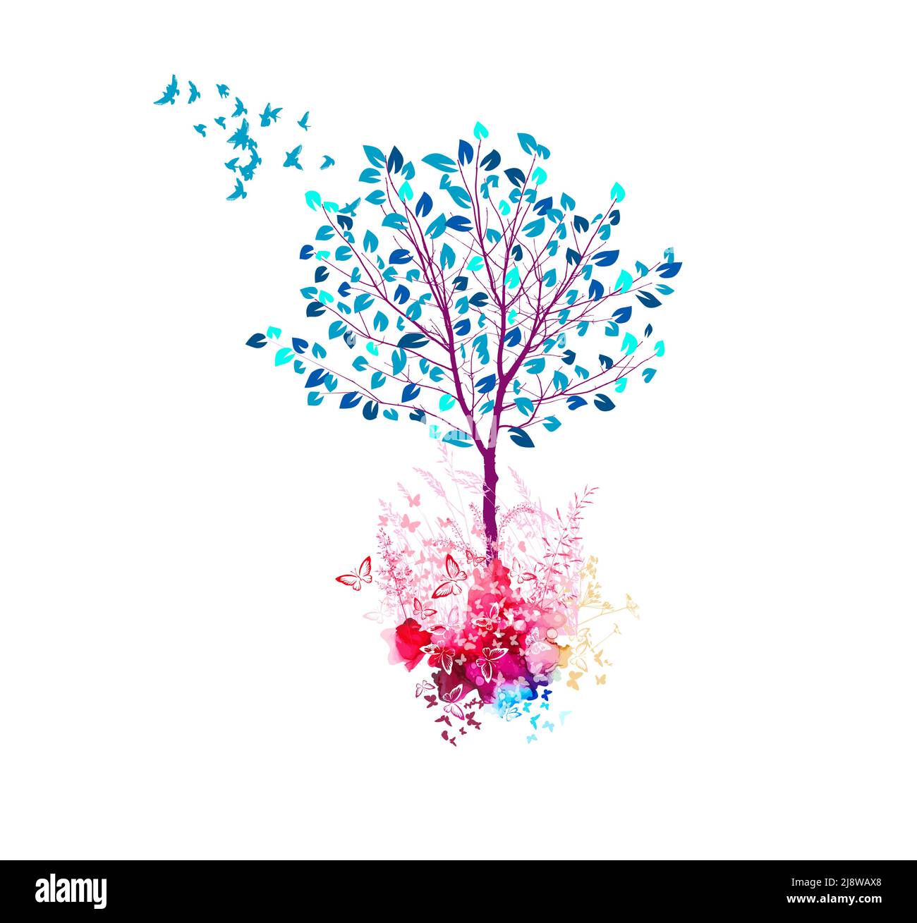 Abstract nature. Tree and flying birds. Vector illustration Stock ...