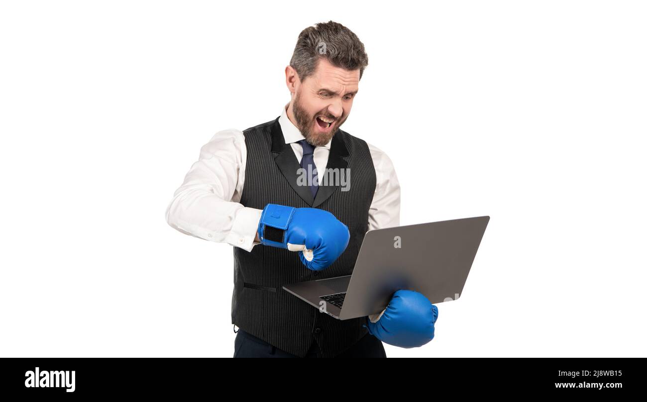 shouting guy in boxing gloves and formalwear punch computer isolated on ...