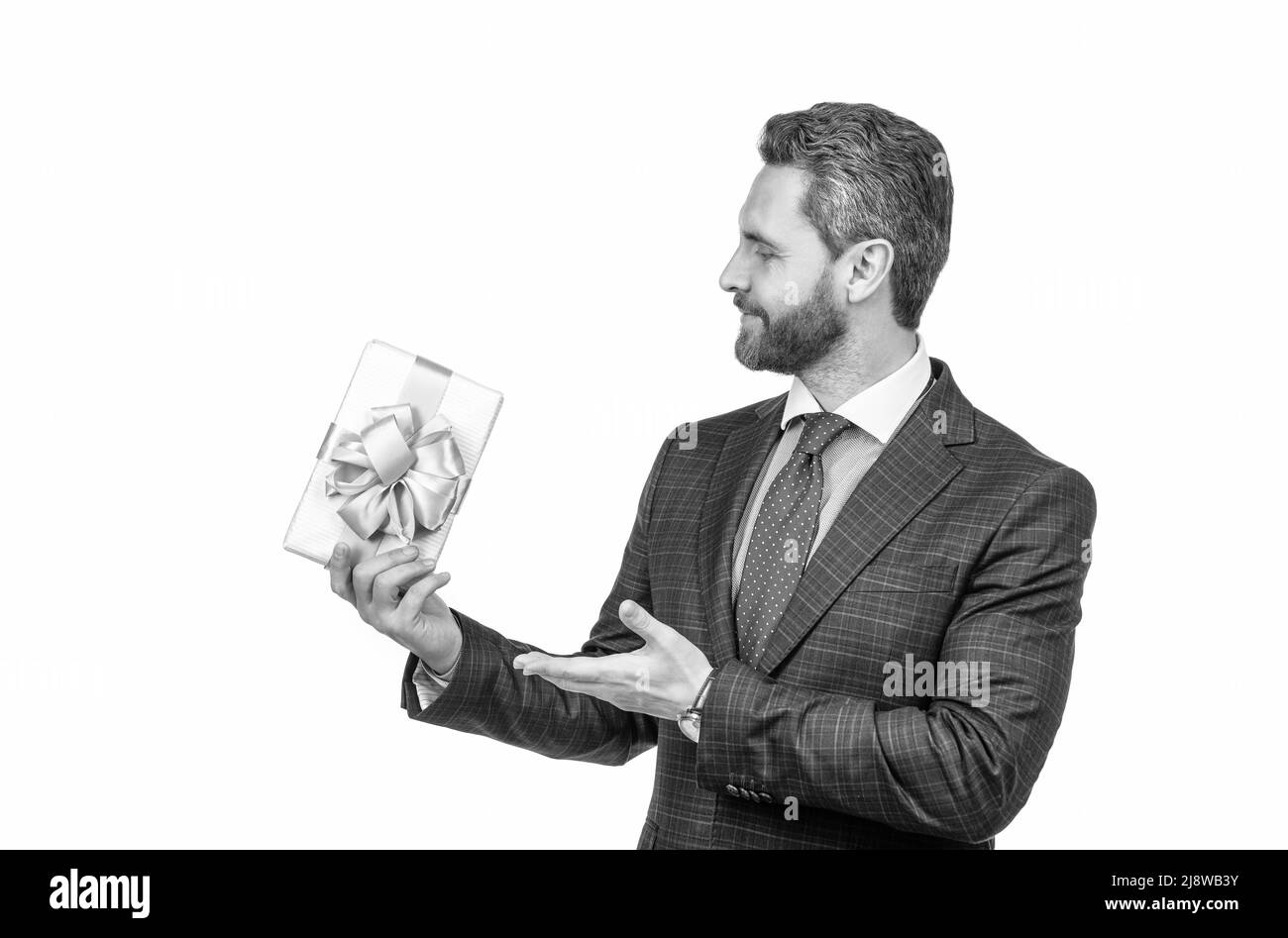 businessman man in businesslike suit presenting present box isolated on ...
