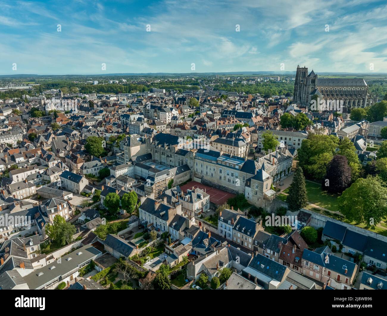 Aerial view of the medieval city of Bourges in Central France with ...