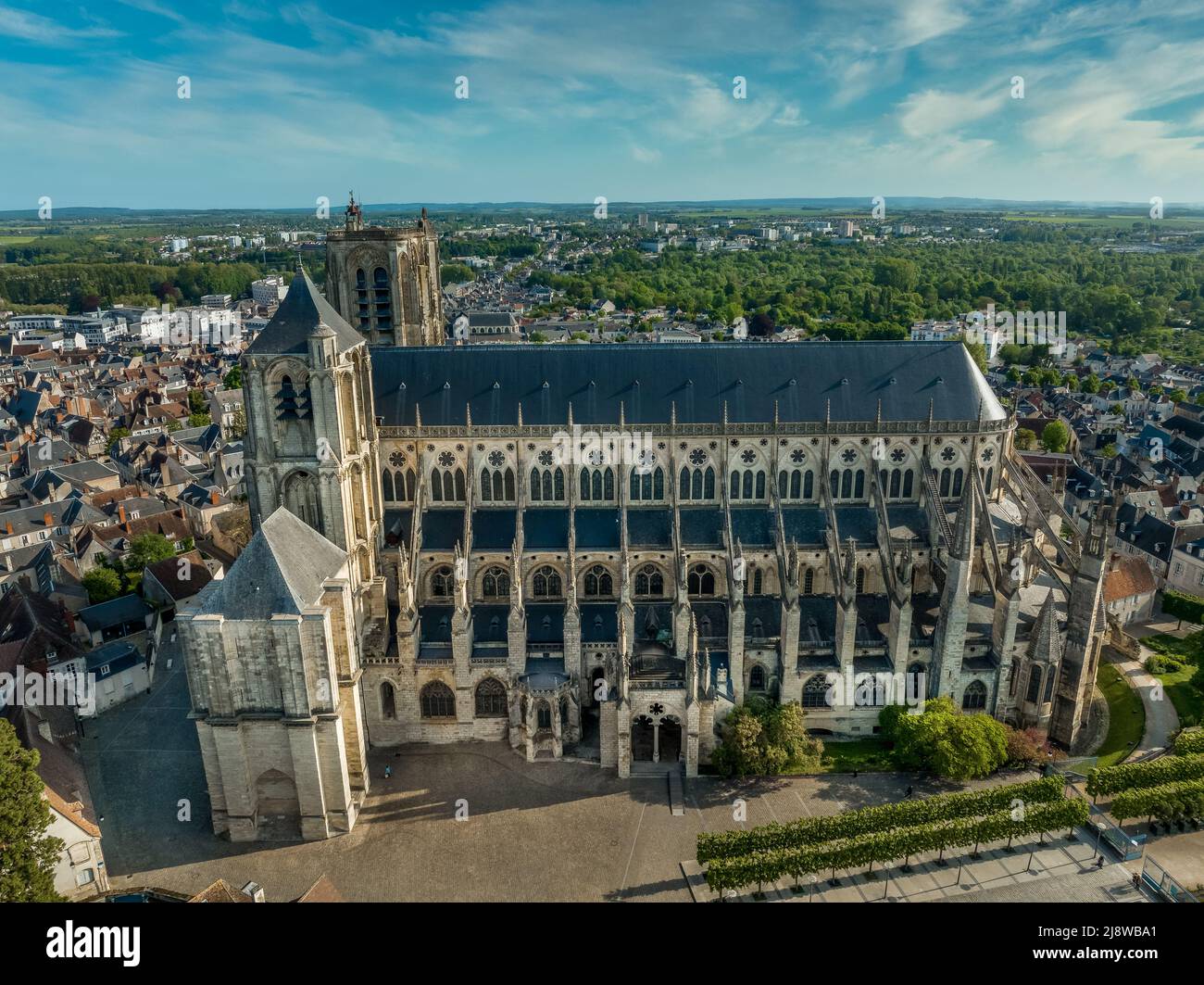 Aerial view of the medieval city of Bourges in Central France with ...