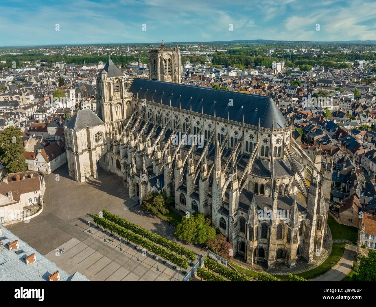 Aerial view of the medieval city of Bourges in Central France with ...