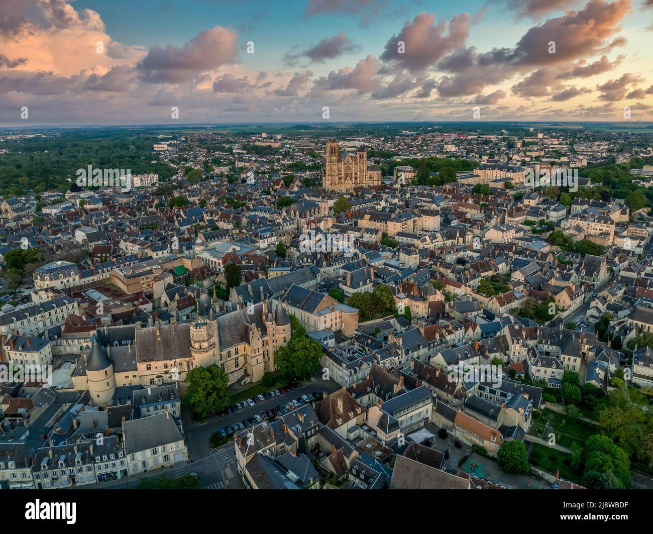 Aerial view of the medieval city of Bourges in Central France with ...