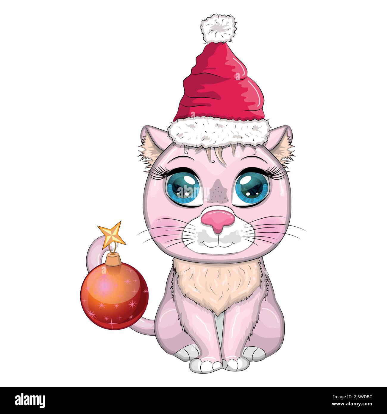 Cute cartoon cat in santa hat with christmas ball. Winter 2023 ...