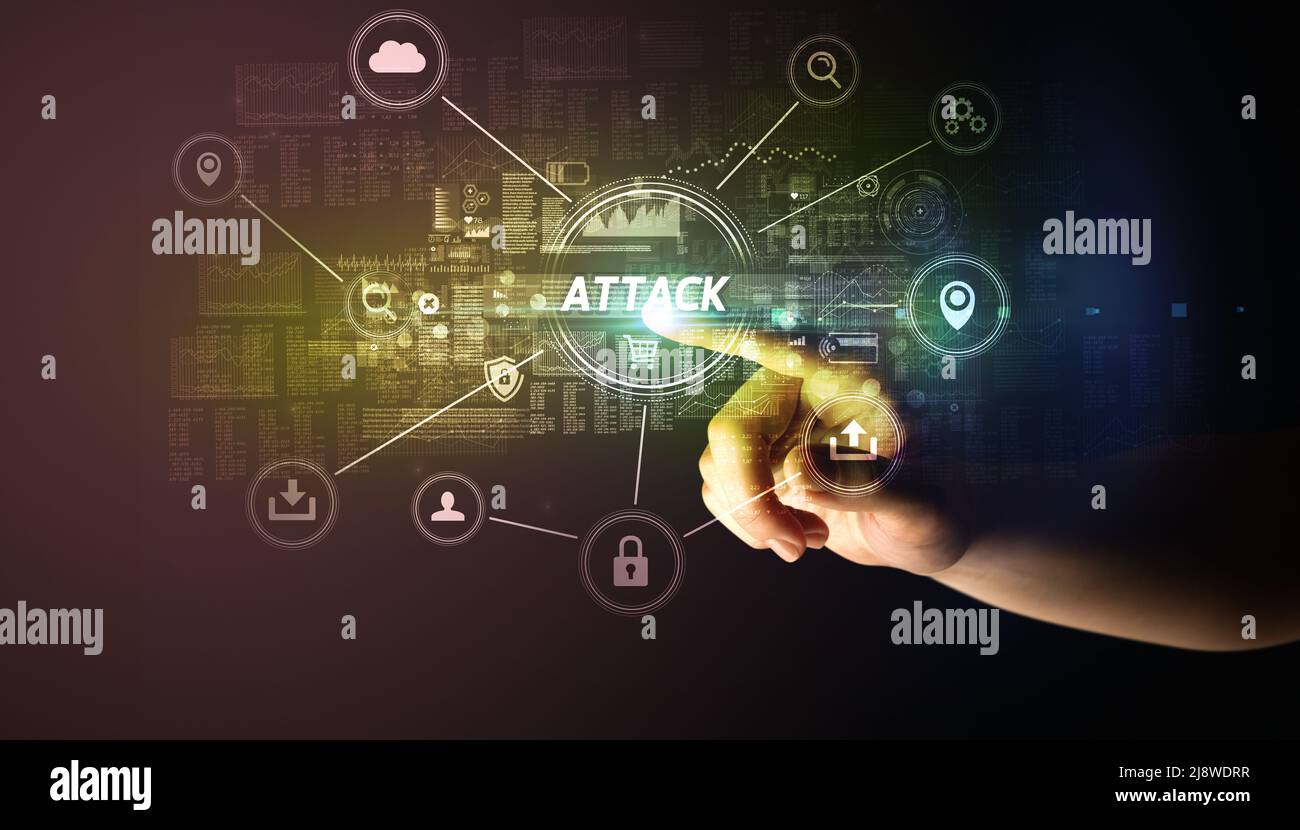 Hand touching cybersecurity button concept Stock Photo - Alamy