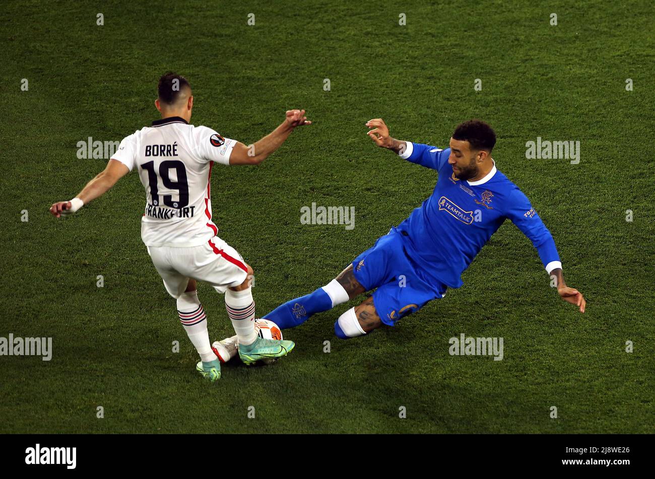 Rangers' Connor Goldson tackles Eintracht Frankfurt's Santos Borre ...