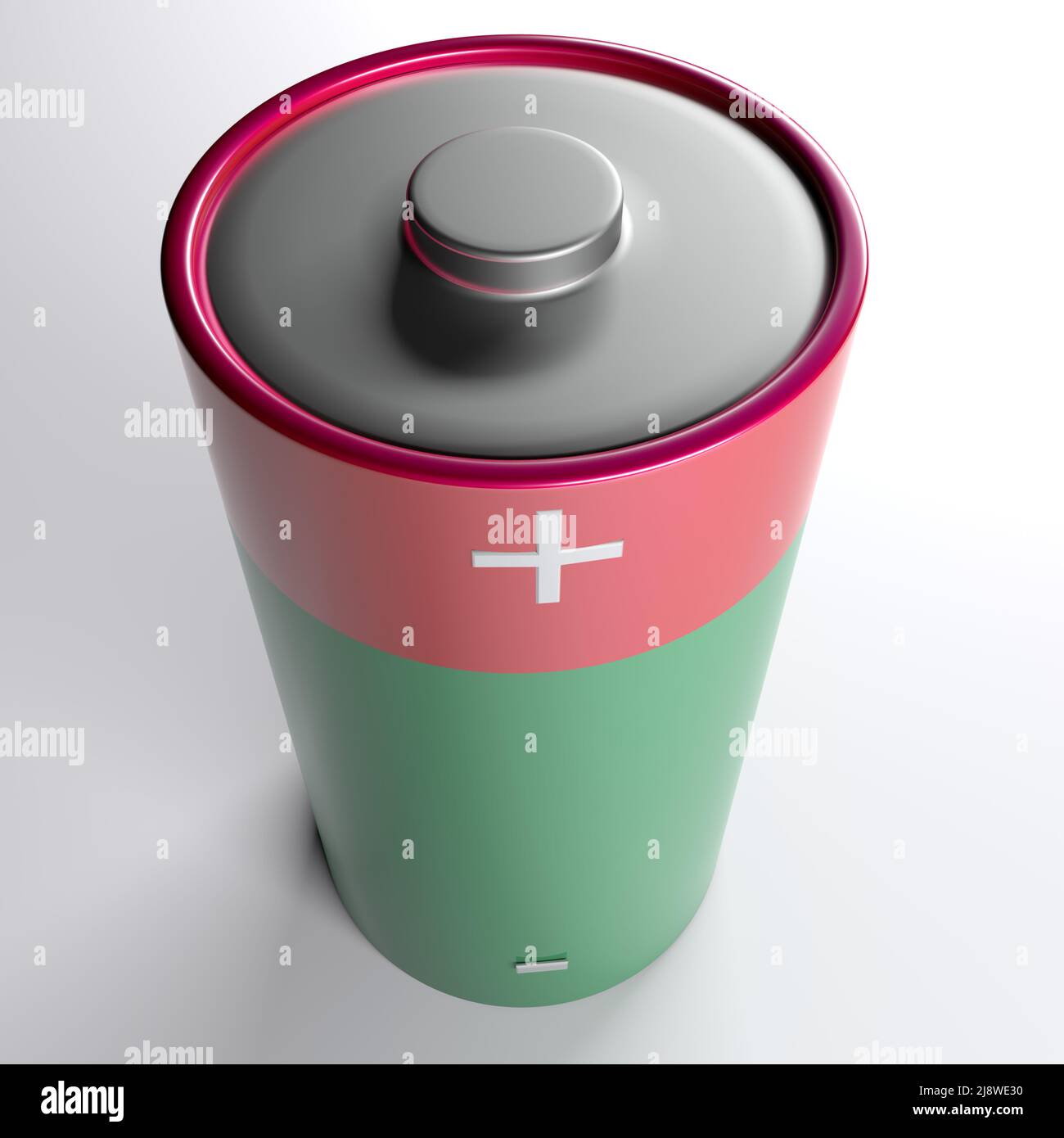Red and green battery on white surface - 3D rendering illustration ...
