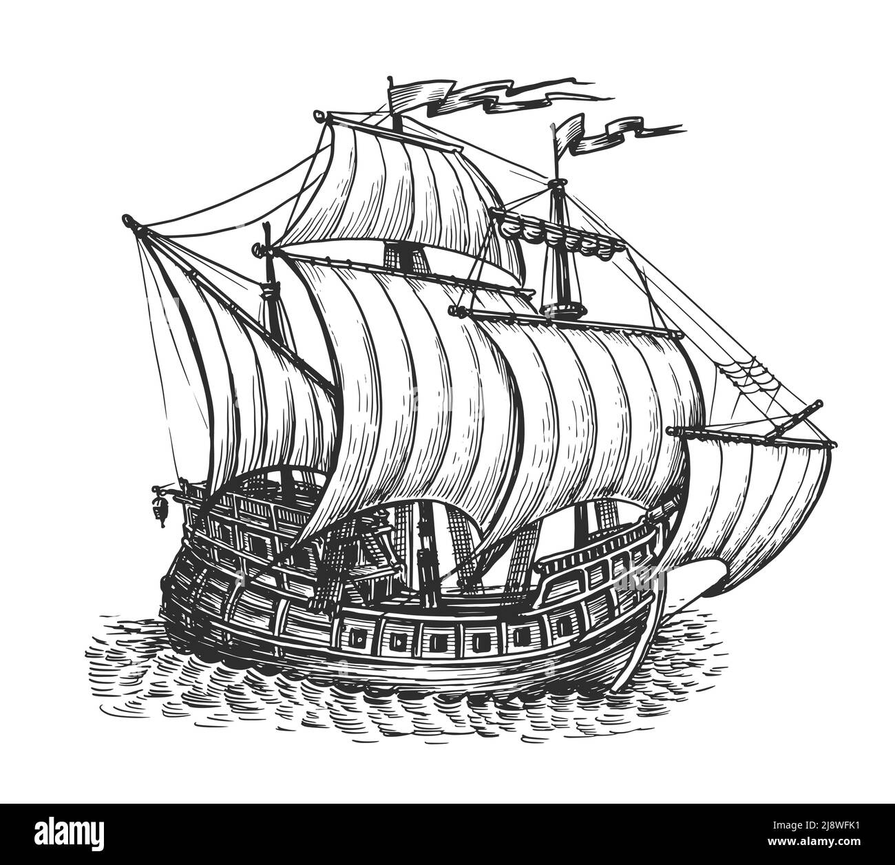 Sketch sailing old ship vector illustration. Sea vessel hand drawn in ...