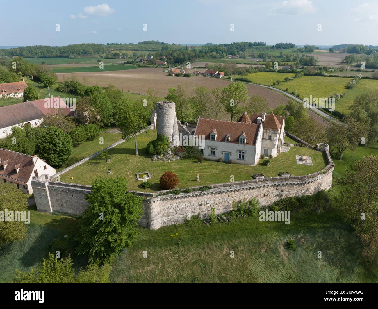 Aerial view of Poncenat castle in central France surrounded by a wall ...