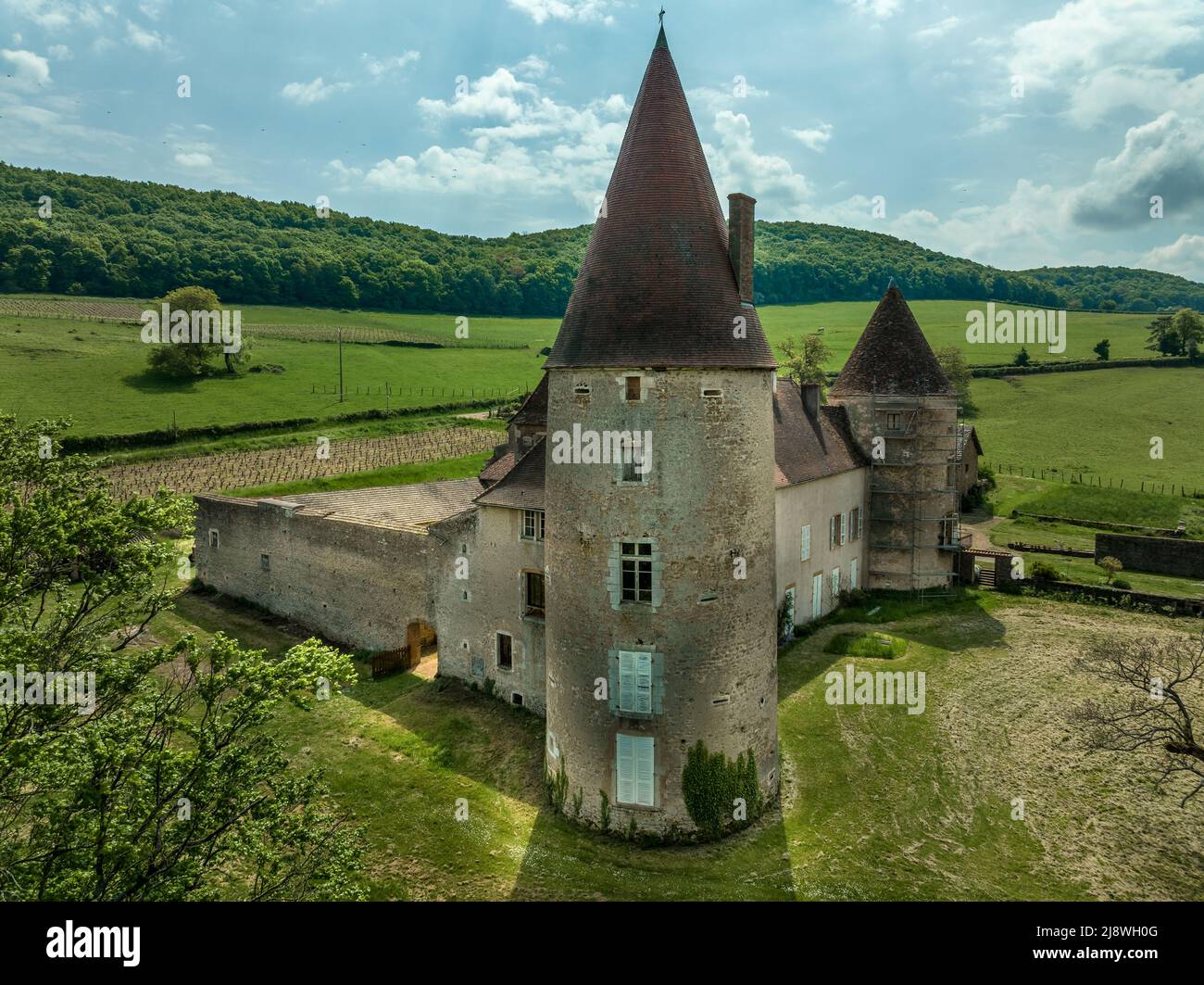 Aerial view of Chateau de Nobles near Brancion France with restored ...