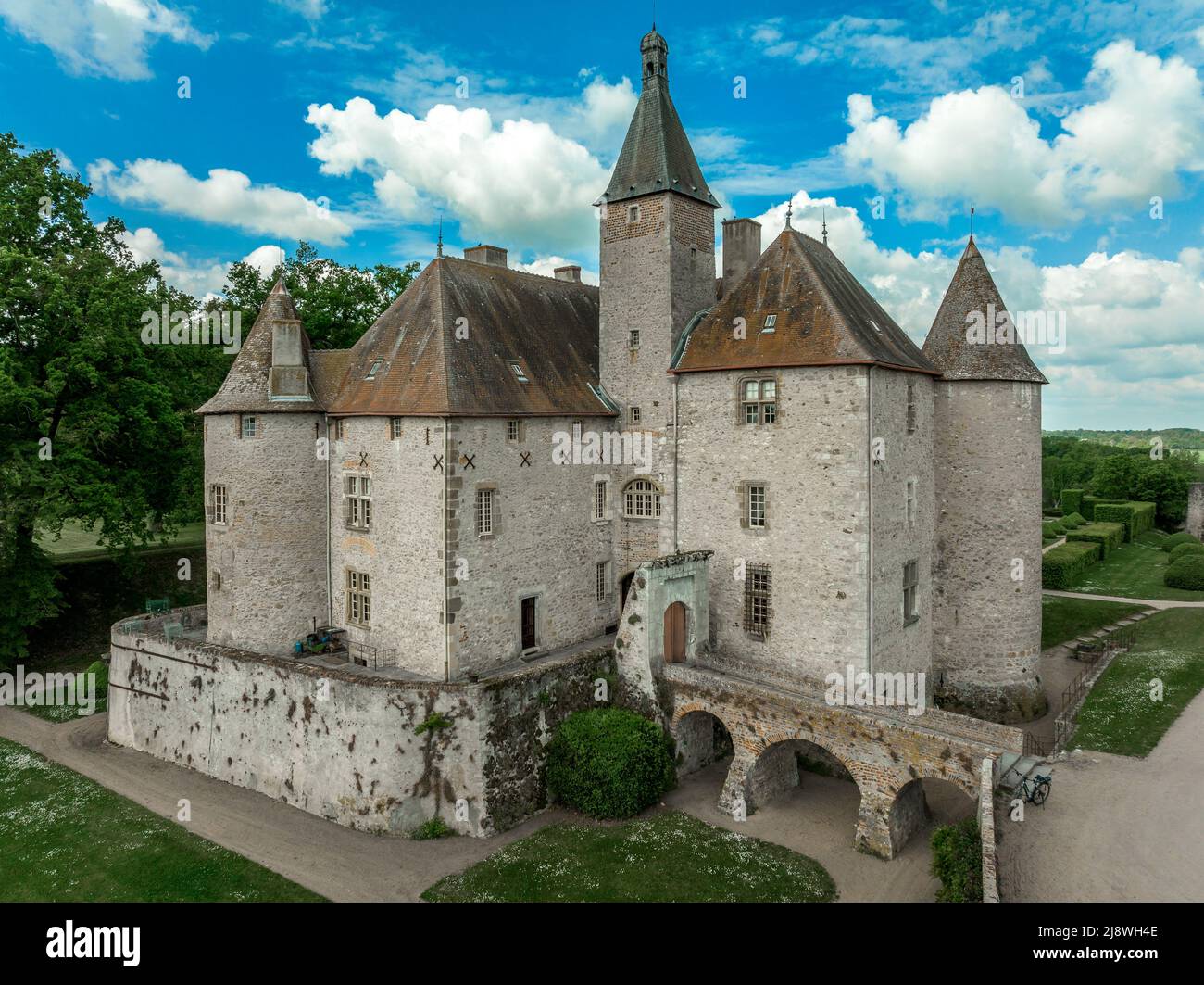 Aerial view of Chateau de Beauvoir restored medieval French castle with ...