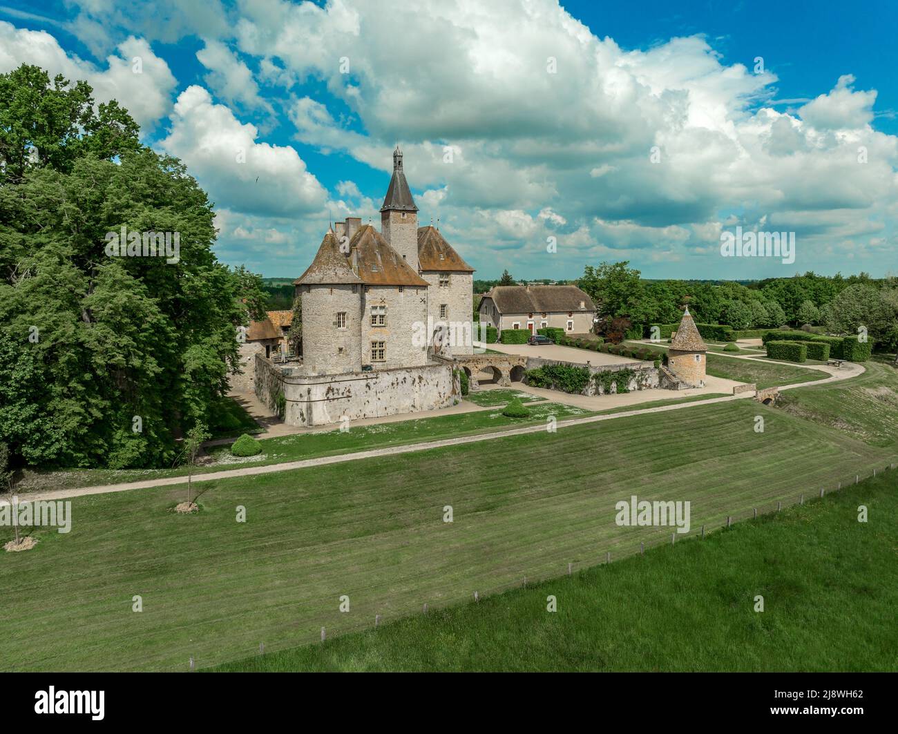 Aerial view of Chateau de Beauvoir restored medieval French castle with ...