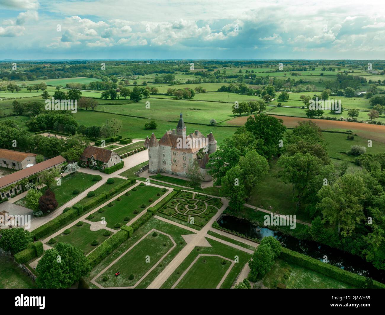 Aerial view of Chateau de Beauvoir restored medieval French castle with ...