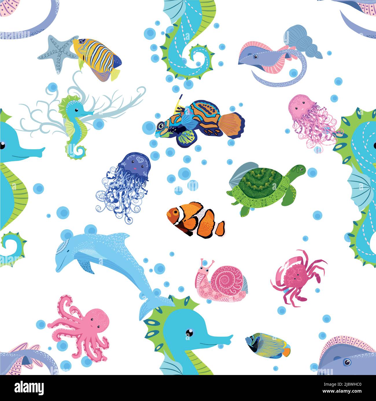 Marine life, fish, animals bright seamless pattern. sea travel ...