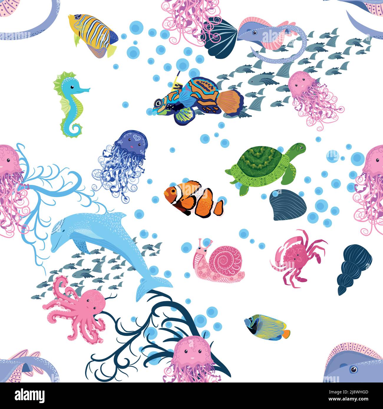 Marine life, fish, animals bright seamless pattern. sea travel ...