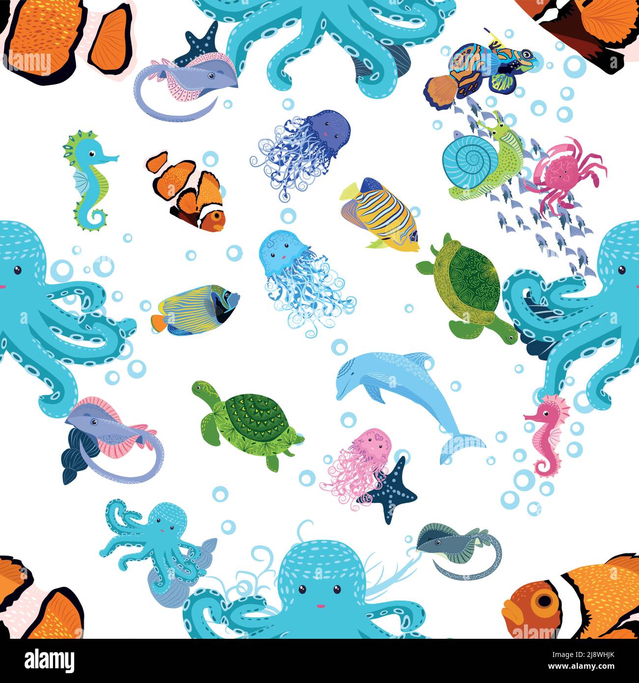 Marine life, fish, animals bright seamless pattern. sea travel ...