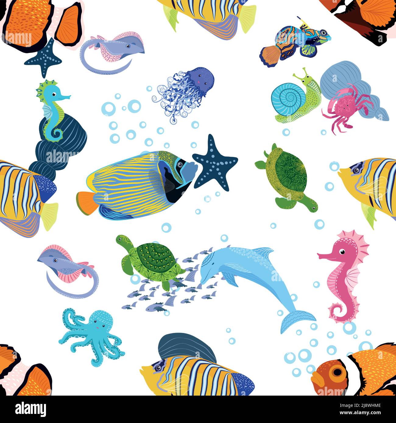 Marine life, fish, animals bright seamless pattern. sea travel ...