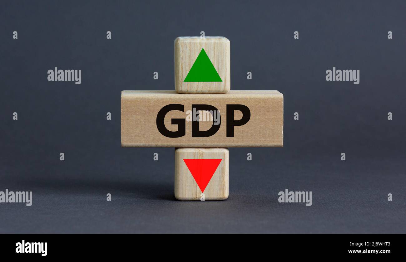 GDP gross domestic product symbol. A cube with up icon. Wooden block ...