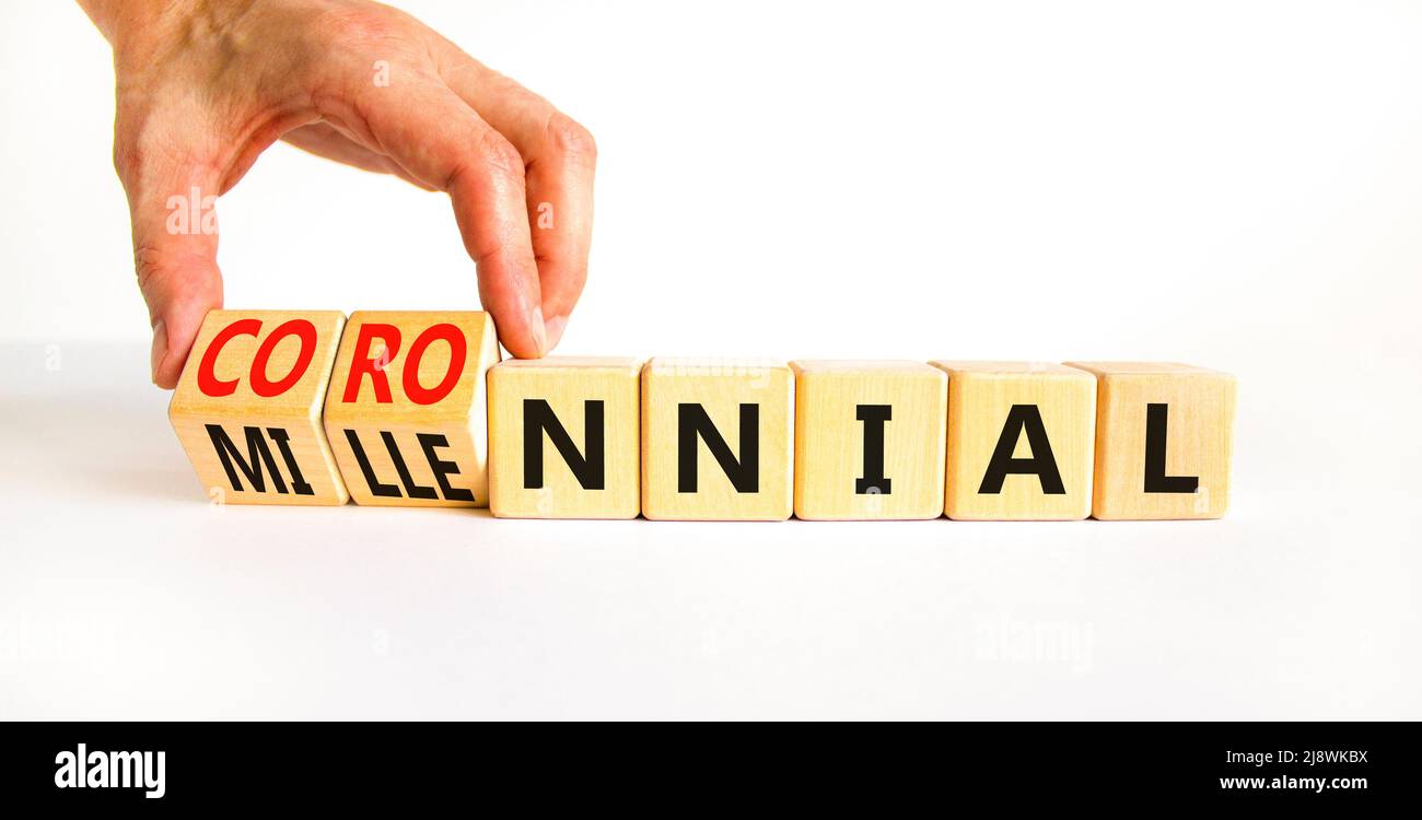 Millennial or coronnial symbol. Doctor turns wooden cubes and changes ...