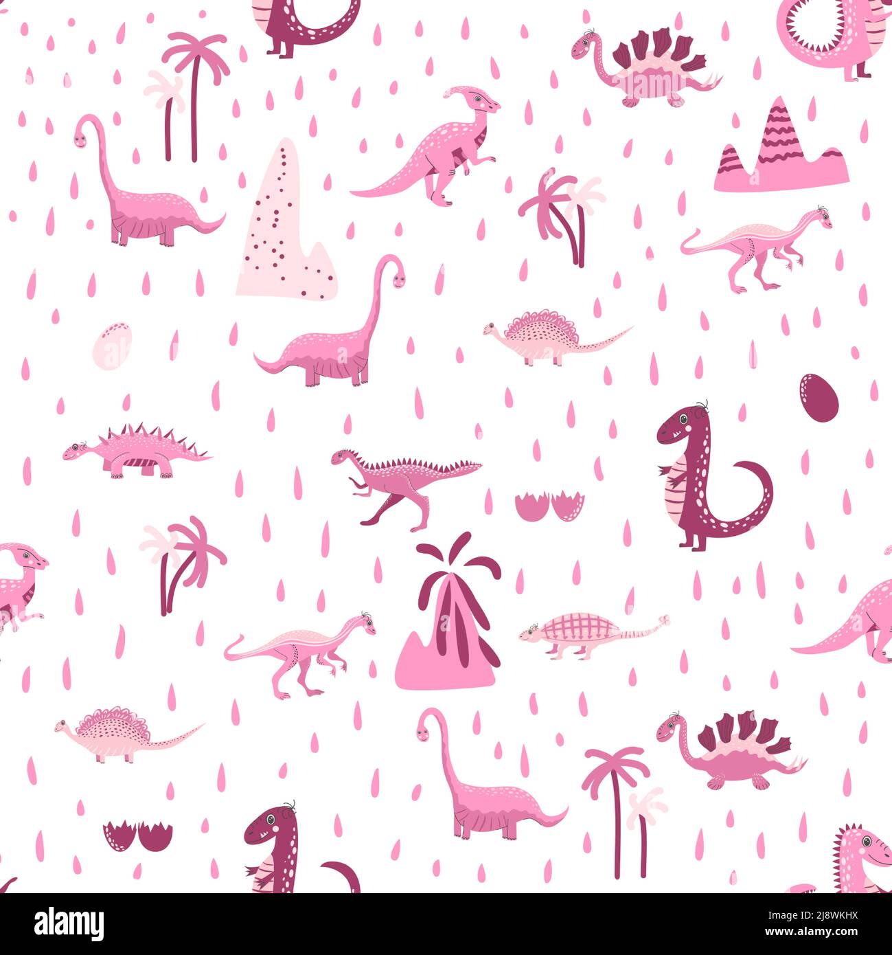 Cute dinosaurs seamless pattern. Solid pattern, shades of pink. Funny ...
