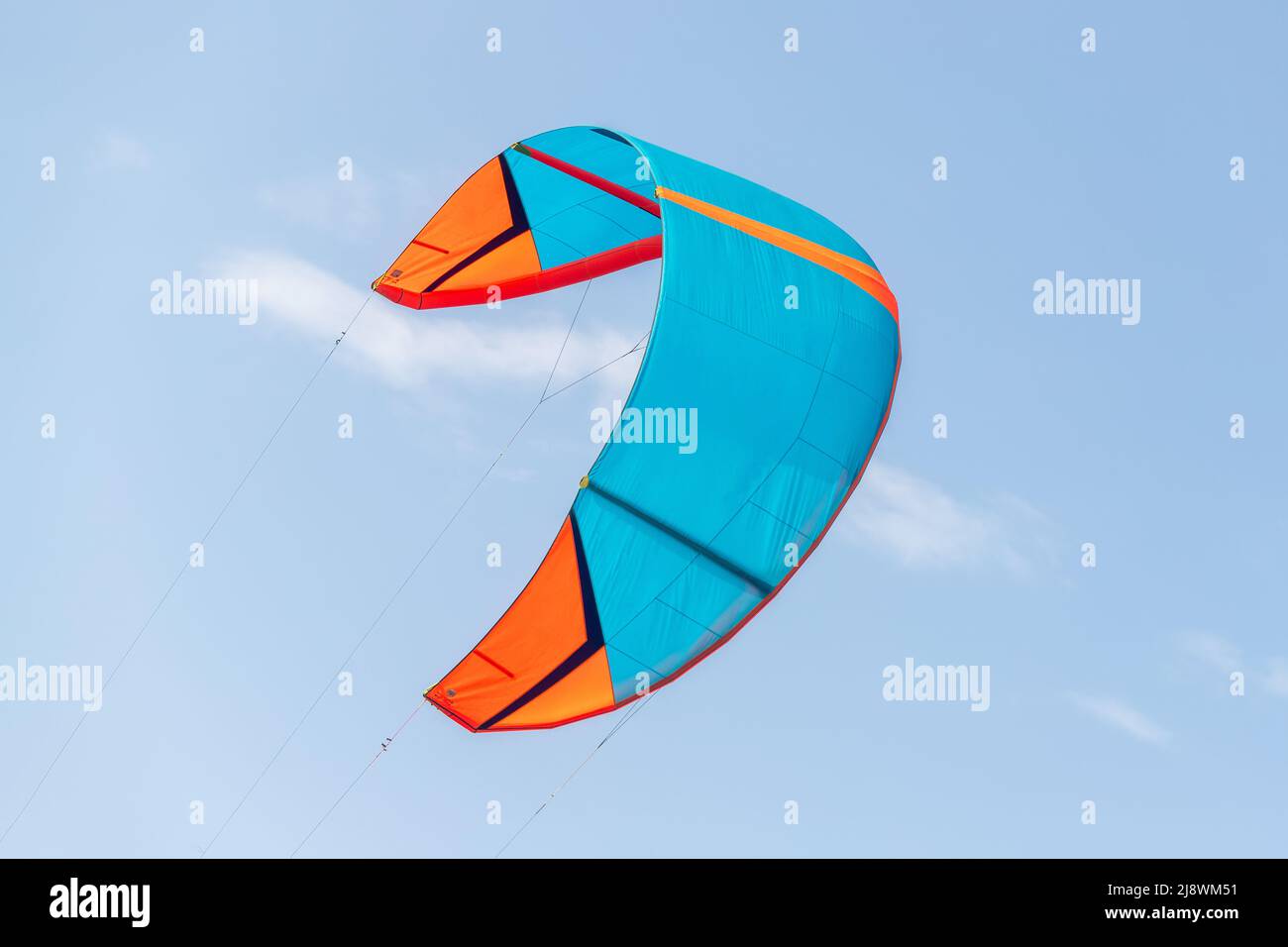 Close-up detail one bright blue orange kitesurf wings kite equipment ...