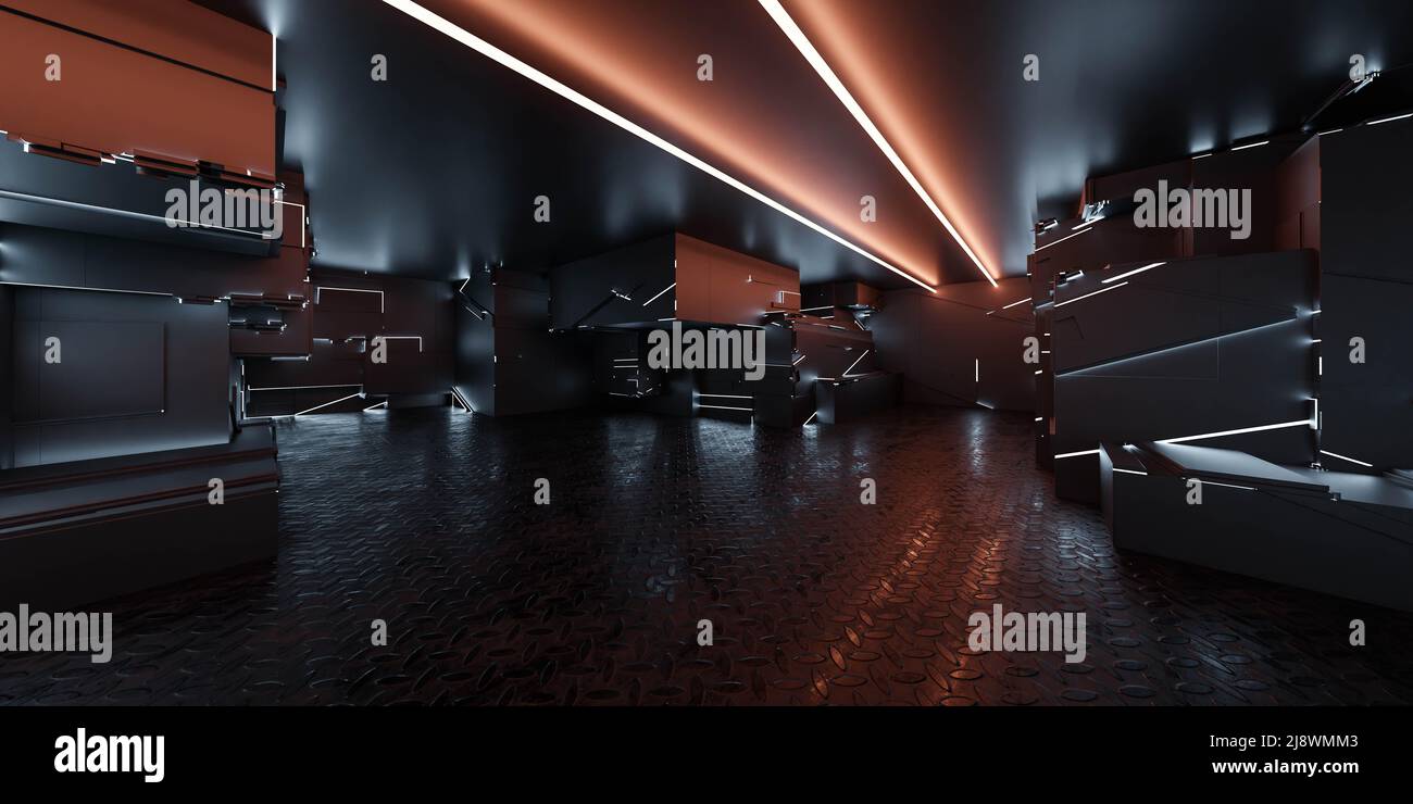 dark black futuristic studio laboratory empty hall. 3d render ...