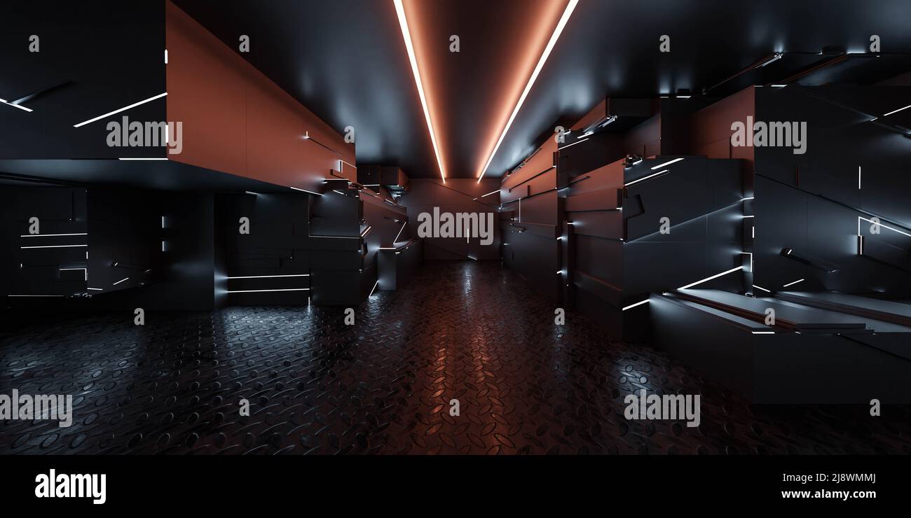 dark black futuristic studio laboratory empty hall. 3d render ...