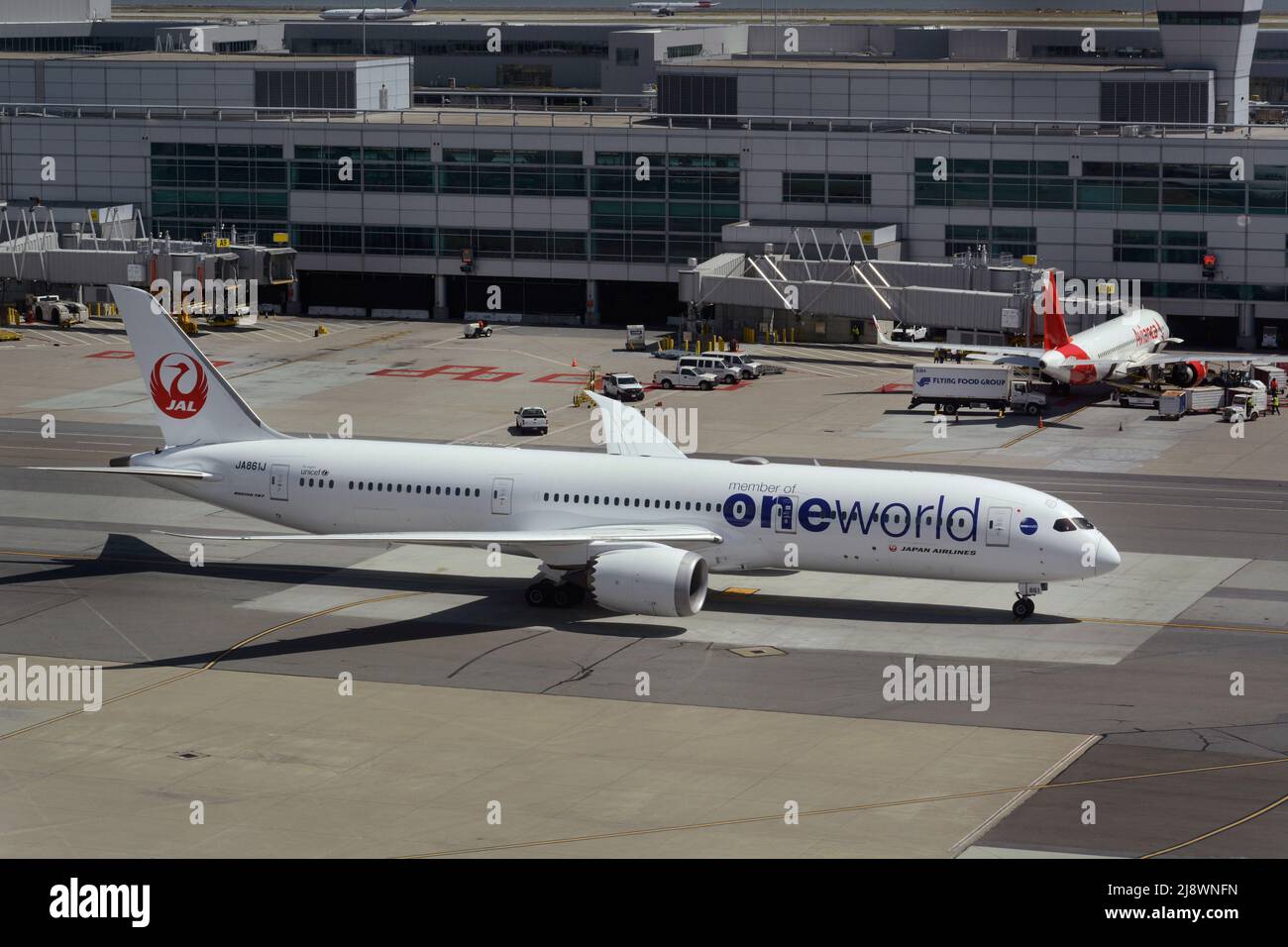 A Japan Airlines (JAL) Boeing 787 passenger plane taxis at San Francisco International Airport ...