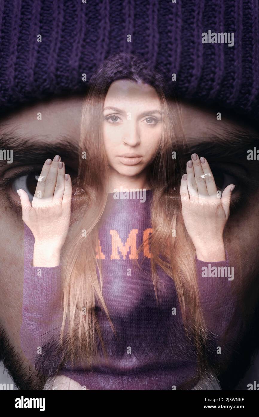 Double exposure portrait of young pretty long-haired woman covering ...