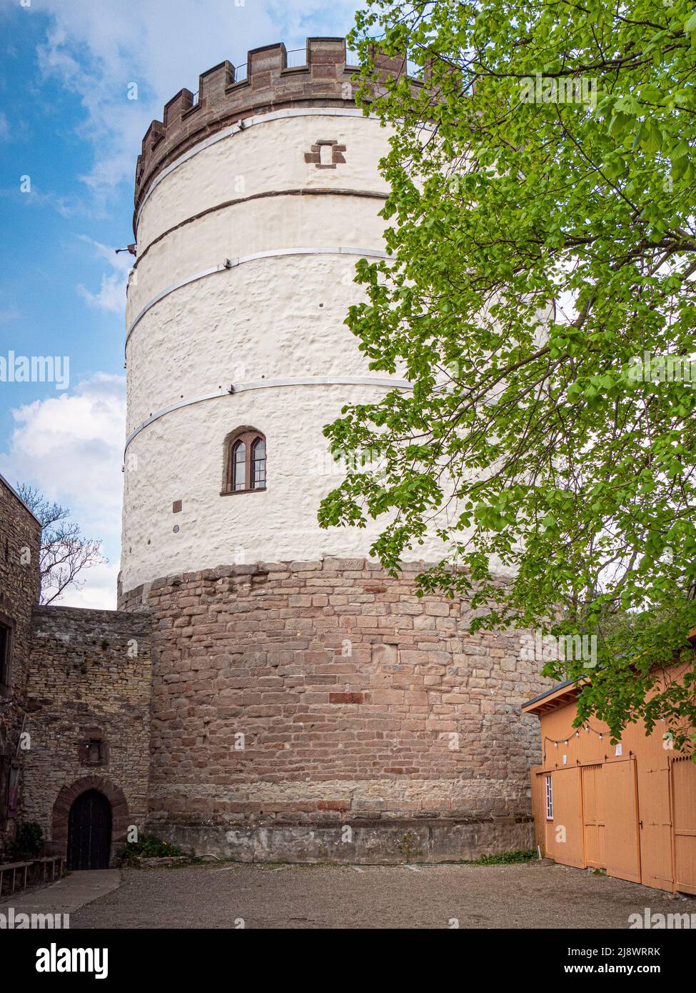 Defensive tower with battlements of a medieval castle, Plesse Burg ...