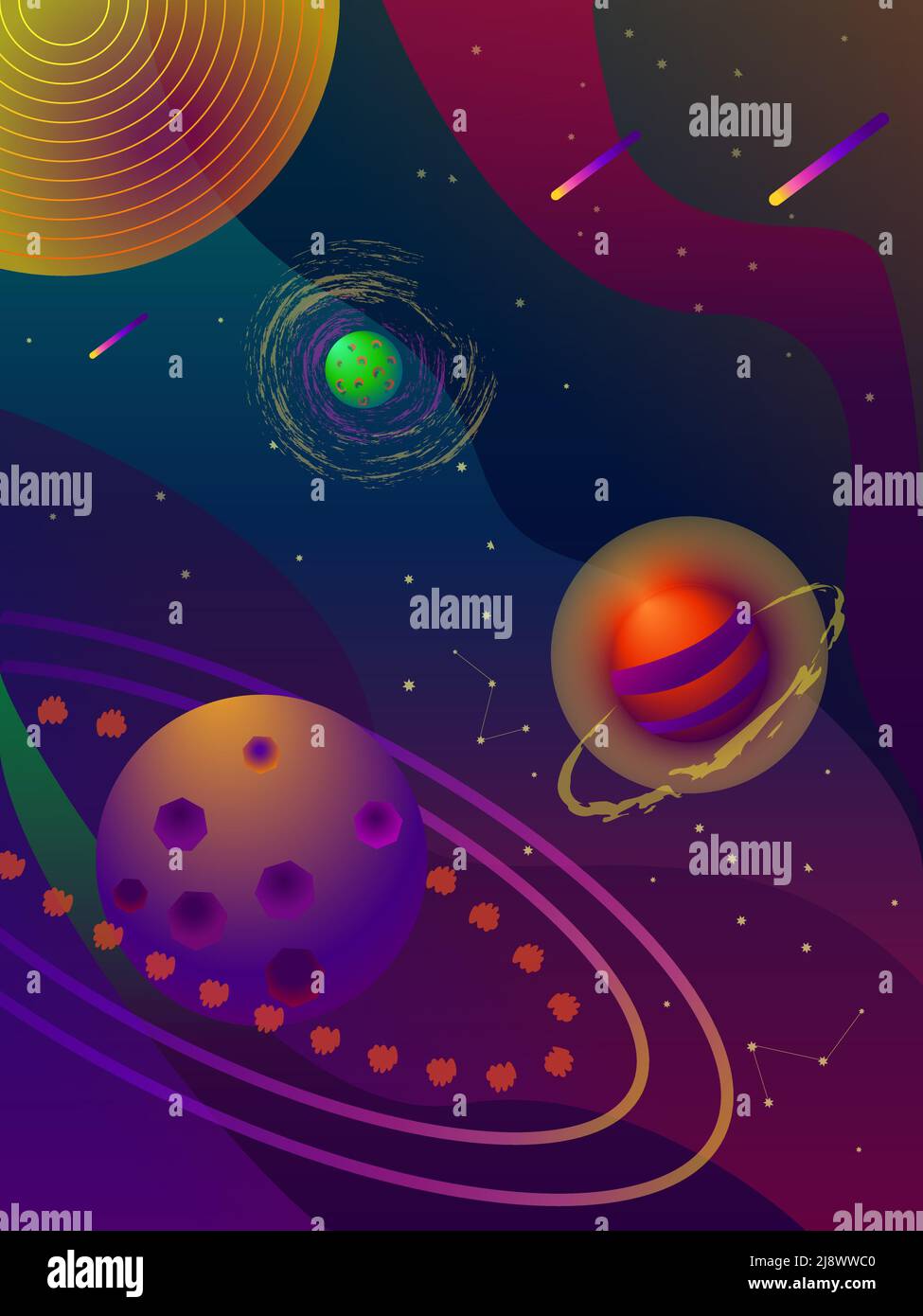 Vector image. Space, planets with orbits. Stars and meteorites. Rocket ...