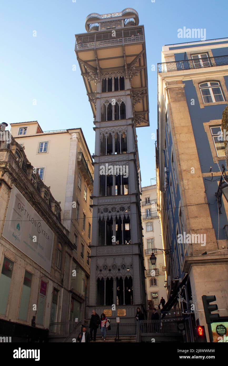 The Elevador de Santa Justa, details, neo-gothic wrought iron transport ...