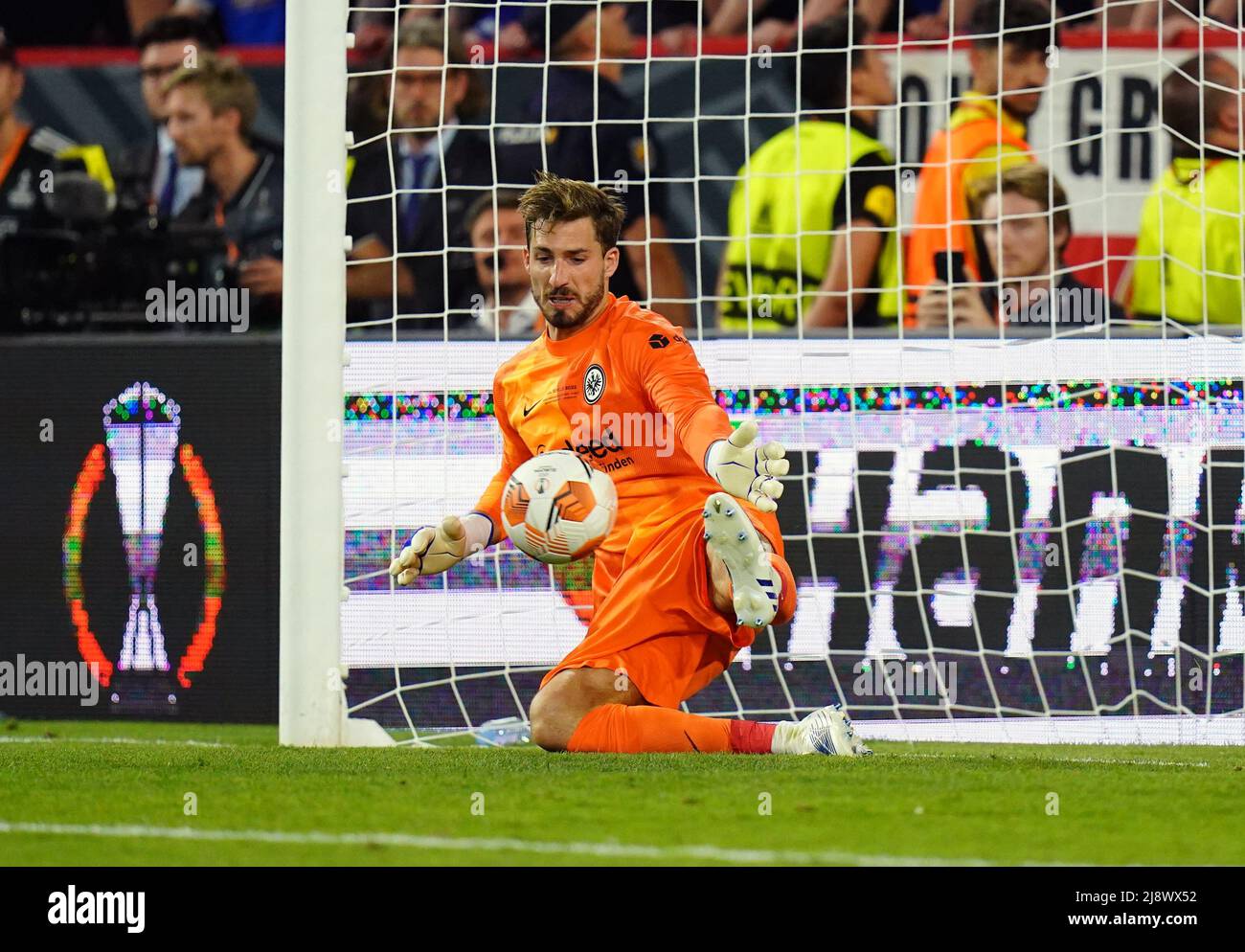 Eintracht Frankfurt goalkeeper Kevin Trapp saves from Rangers' Aaron ...