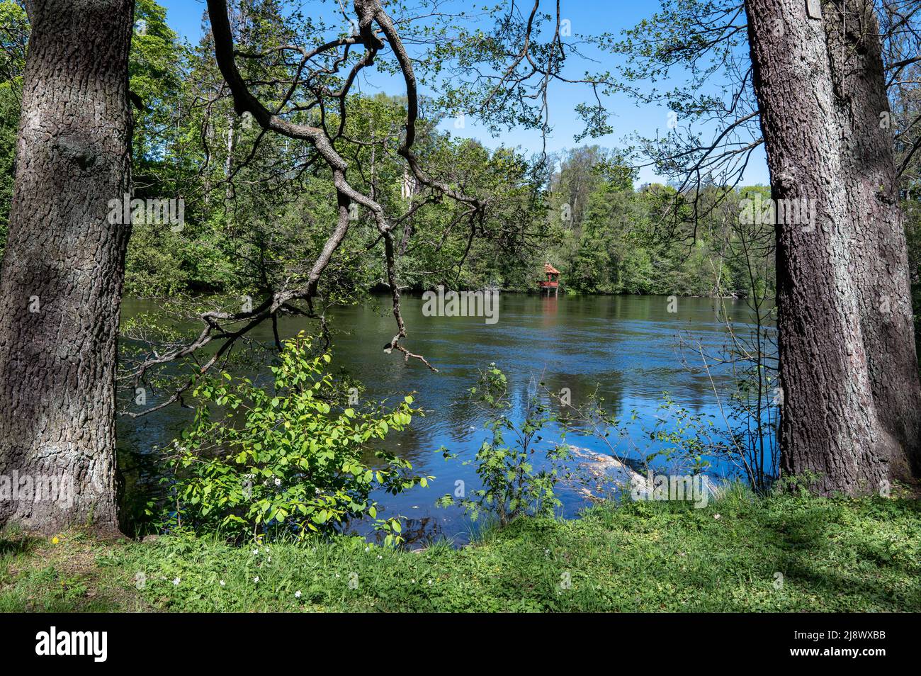 Motala river and waterfront park Abackarna during spring in Norrkoping ...