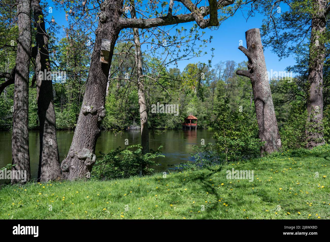 Motala river and waterfront park Abackarna during spring in Norrkoping ...