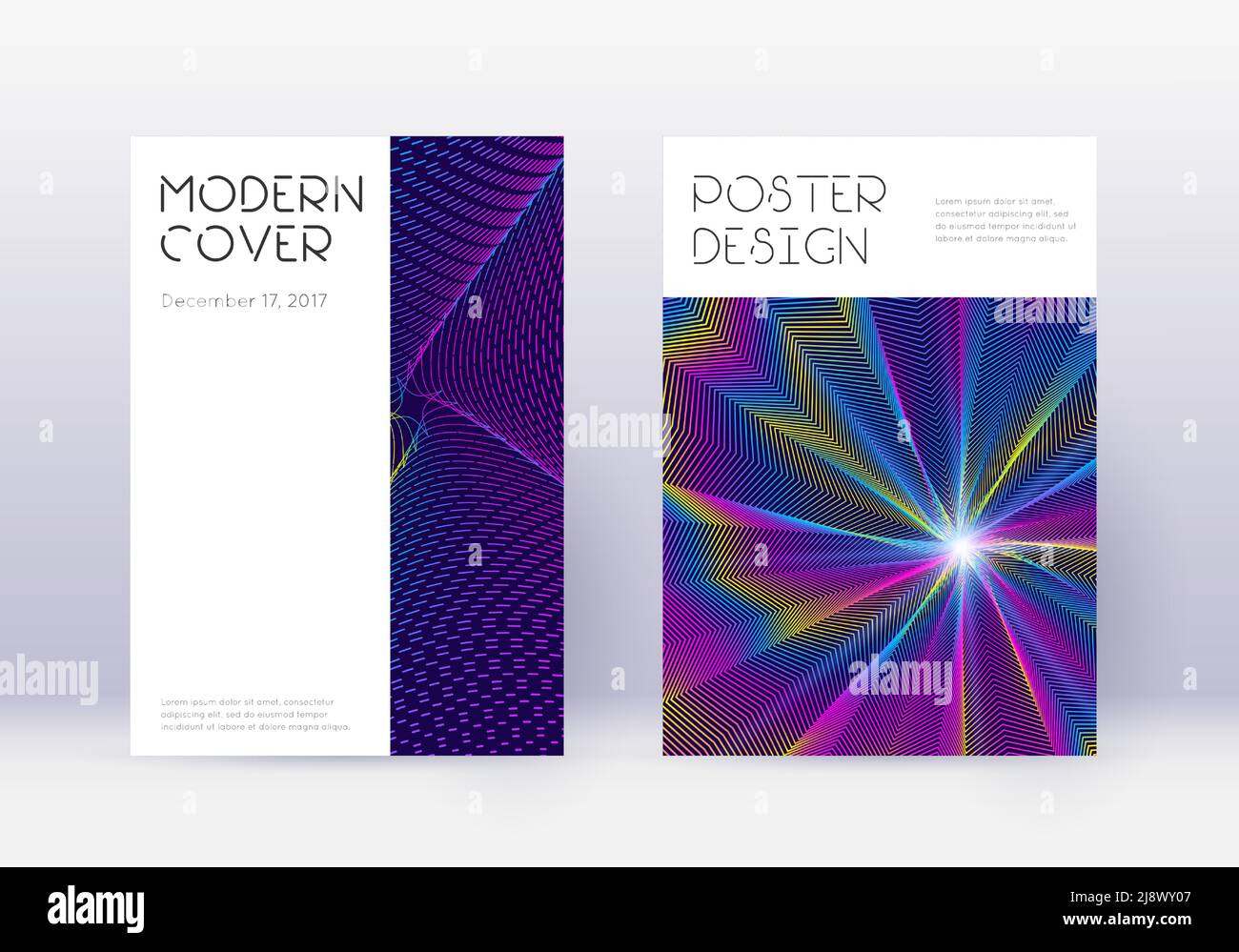 Minimal cover design template set. Rainbow abstract lines on dark blue ...
