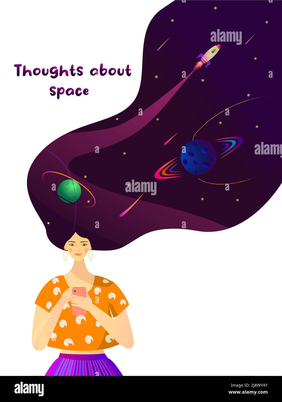 Vector image. A girl with a smartphone thinks about space. Hair as a ...