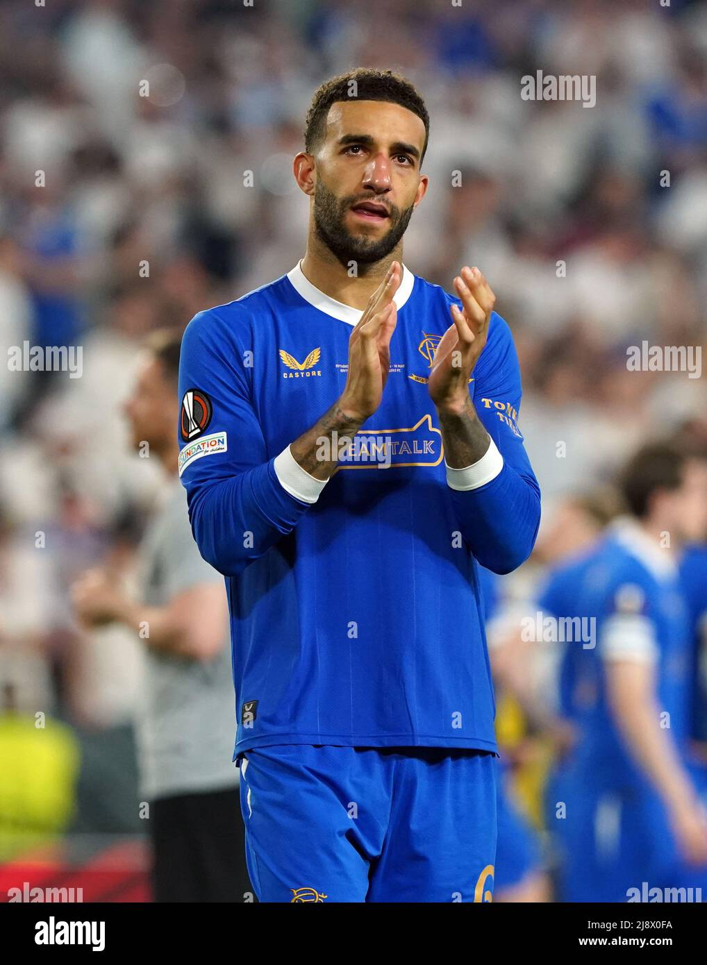 Rangers' Connor Goldson applauds the fans following the UEFA Europa ...