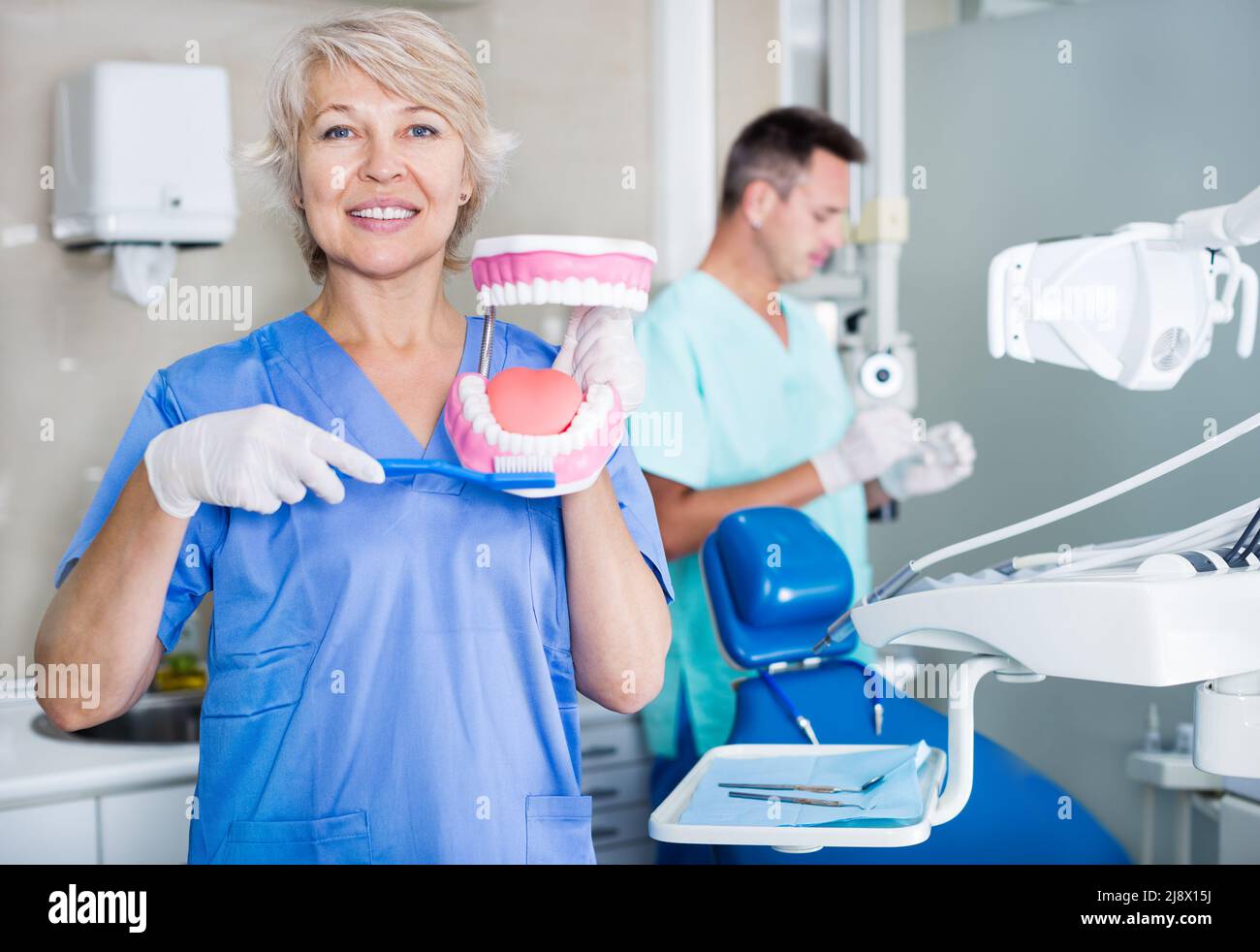 Dentist explaining correct tooth brushing on dental model Stock Photo ...