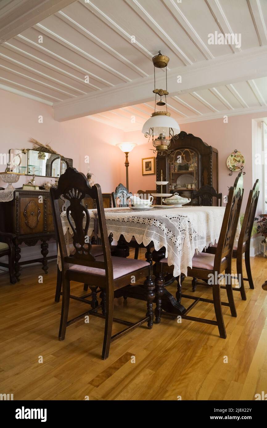 Antique table, high back chairs and furnishings in dining room inside ...