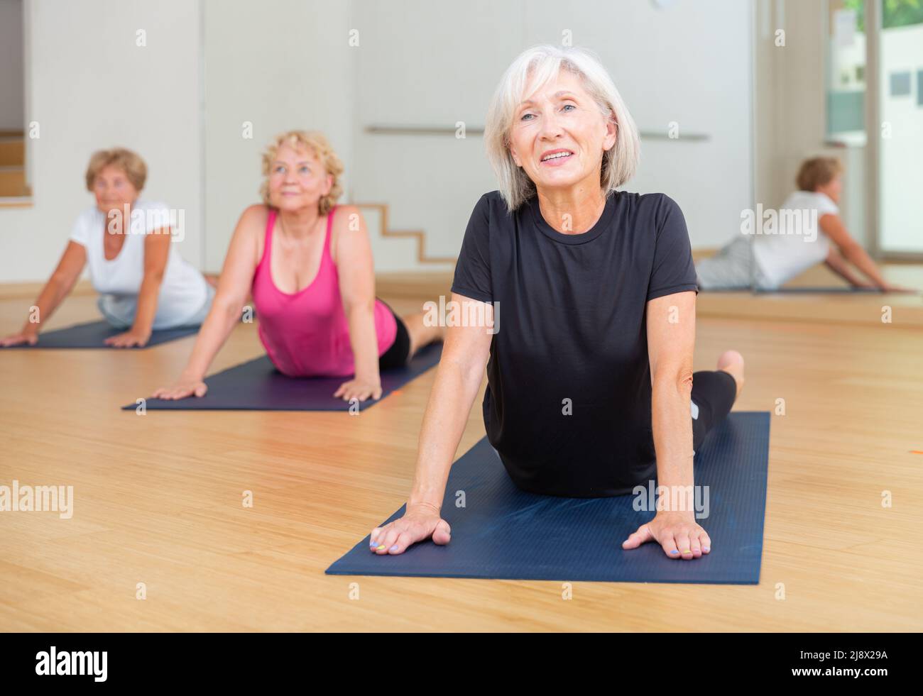 Group of elderly women performs an exercise in the dog pose face up ...